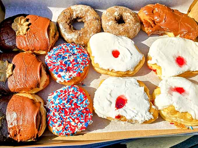 This donut selection includes everything from classic glazed to patriotic sprinkles, because freedom tastes like fried dough and sugar.