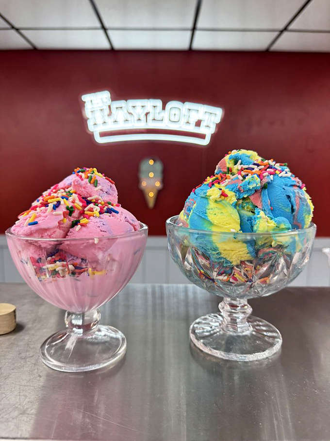 Rainbow sprinkles dancing atop colorful scoops &ndash; these aren't just servings, they're celebrations in glass dishes waiting to be devoured.