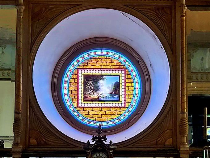 The circular stained glass window transforms ordinary sunlight into a kaleidoscopic masterpiece that no Instagram filter could ever hope to replicate.