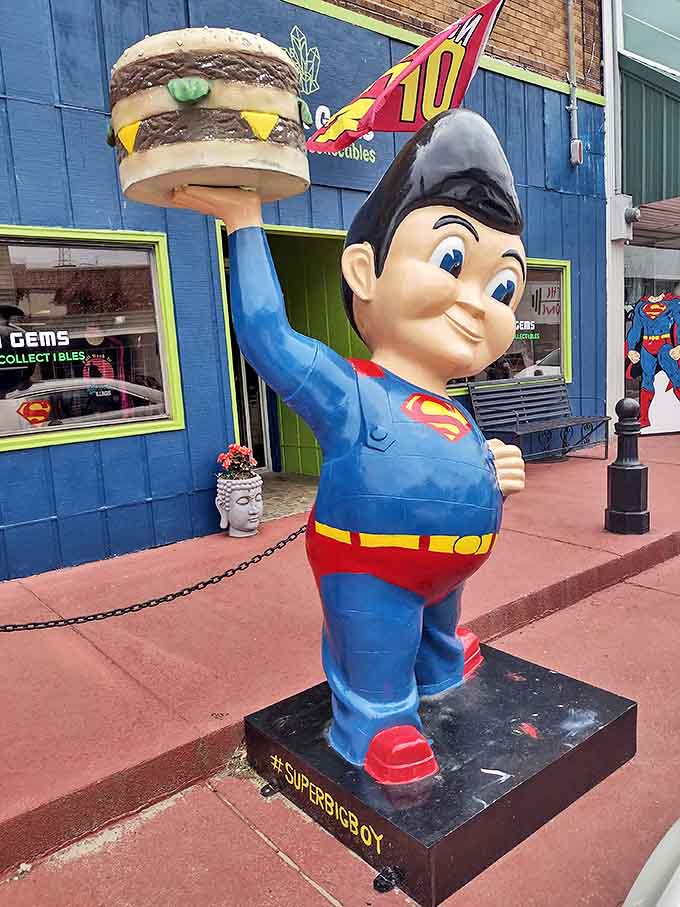 This Superman-themed Big Boy statue combines two American icons into one glorious piece of roadside Americana, proving that even superheroes need to eat their hamburgers and gain super-strength somehow.