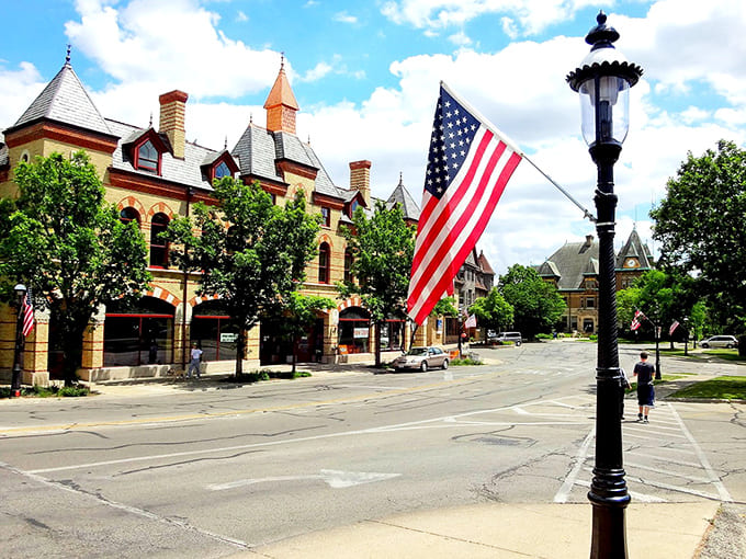 The Arcade Building's distinctive Romanesque style houses local businesses rather than chain stores &ndash; small-town commerce at its most charming.
