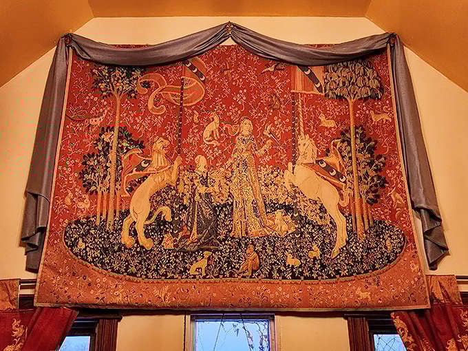 This stunning reproduction of "The Lady and the Unicorn" tapestry brings medieval artistry to life with vibrant colors and mythical imagery.