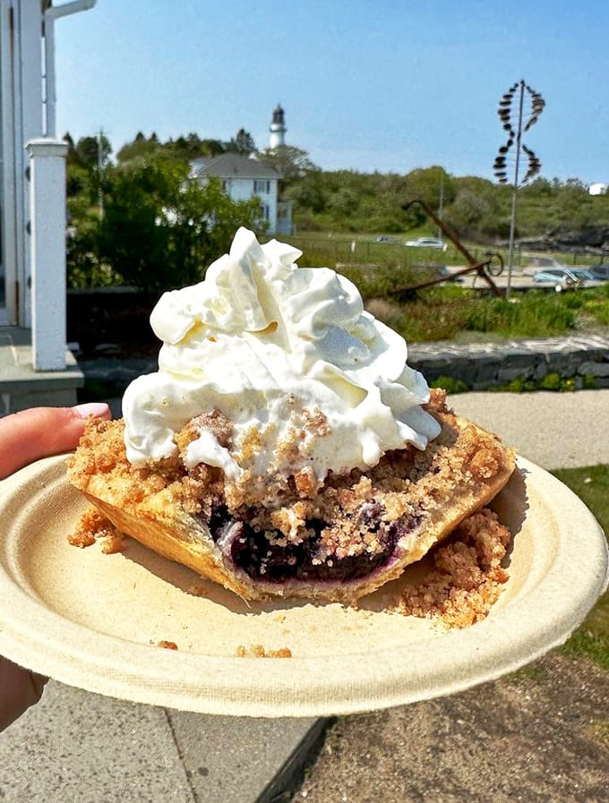Blueberry crumb pie topped with whipped cream mountain, the kind of dessert that makes elastic waistbands seem like genius inventions.