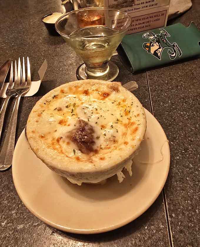 French onion soup crowned with gloriously melted cheese that stretches like your stomach will after this meal is finished.