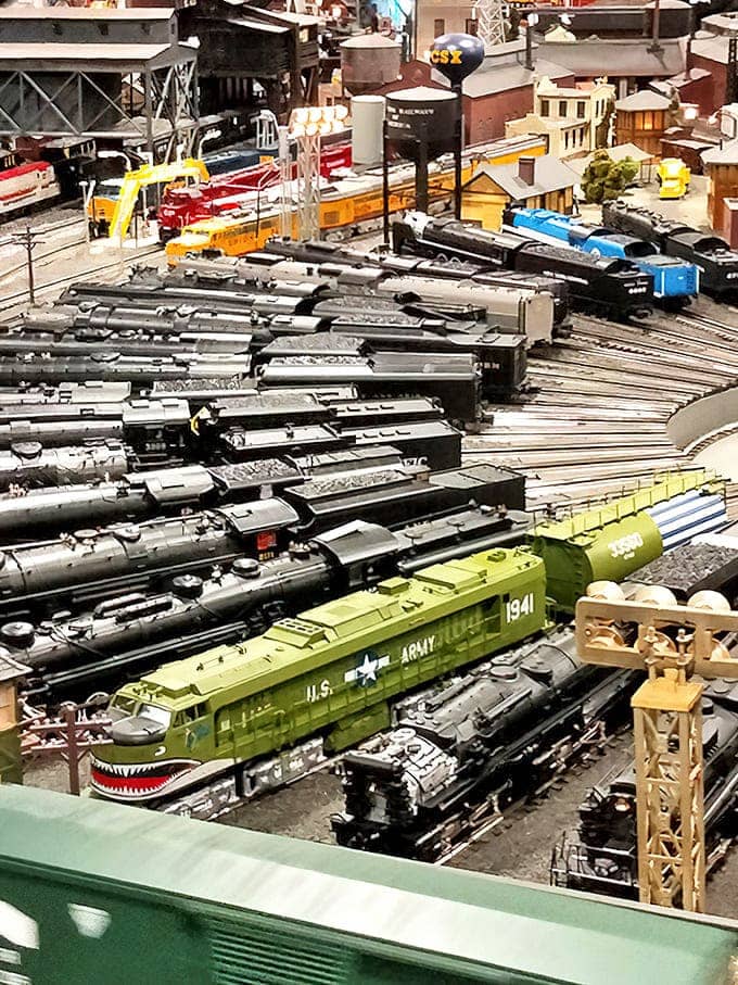 Train enthusiasts could spend hours identifying each meticulously recreated locomotive, from vintage steamers to modern diesel powerhouses.
