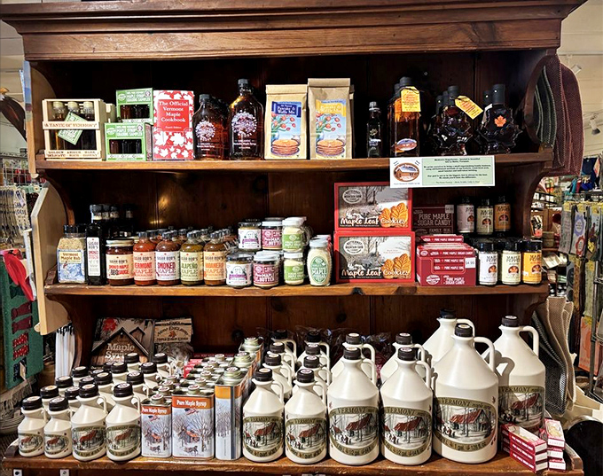 Vermont's finest products line these wooden shelves, from maple syrup to local preserves &ndash; a pantry of Green Mountain treasures.