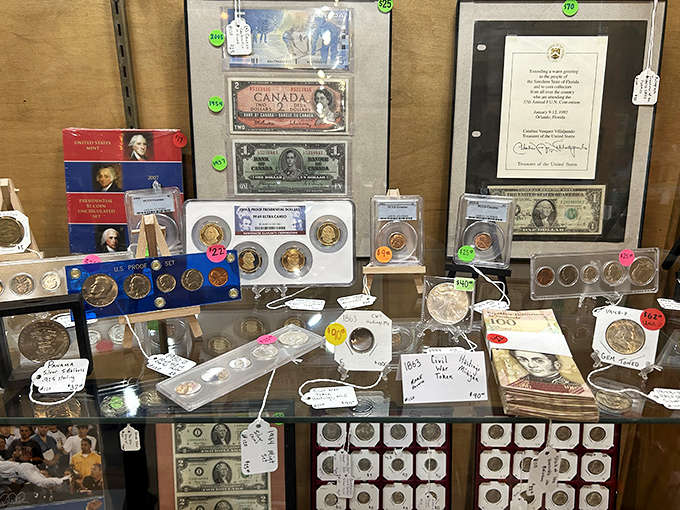 Numismatists rejoice! This display case holds currency and coins that once jingled in pockets during America's most defining historical moments.