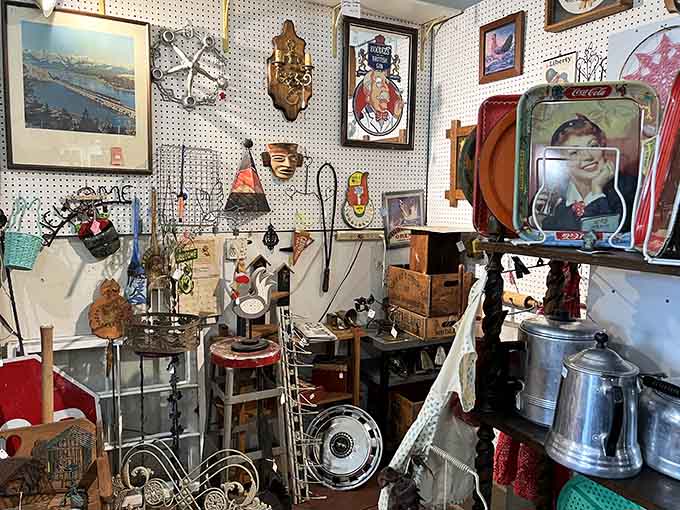 Household treasures stacked and displayed with care, each item representing someone's daily life from decades past.