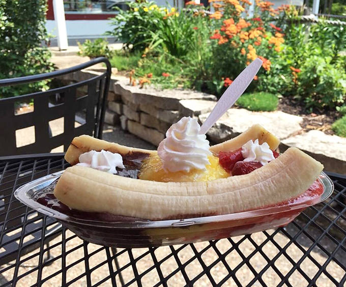 A banana split that defies gravity – ice cream, whipped cream, nuts, and cherries create an edible work of art worth every calorie.