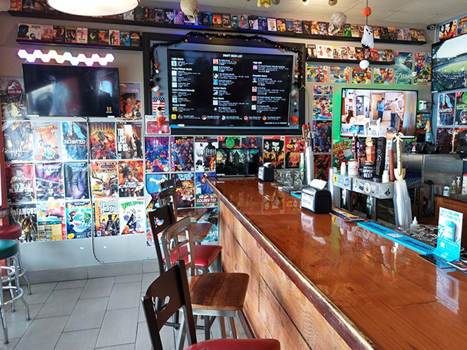 The bar area blends gaming nostalgia with craft beer culture, where Mario-themed tap handles dispense local Florida brews.
