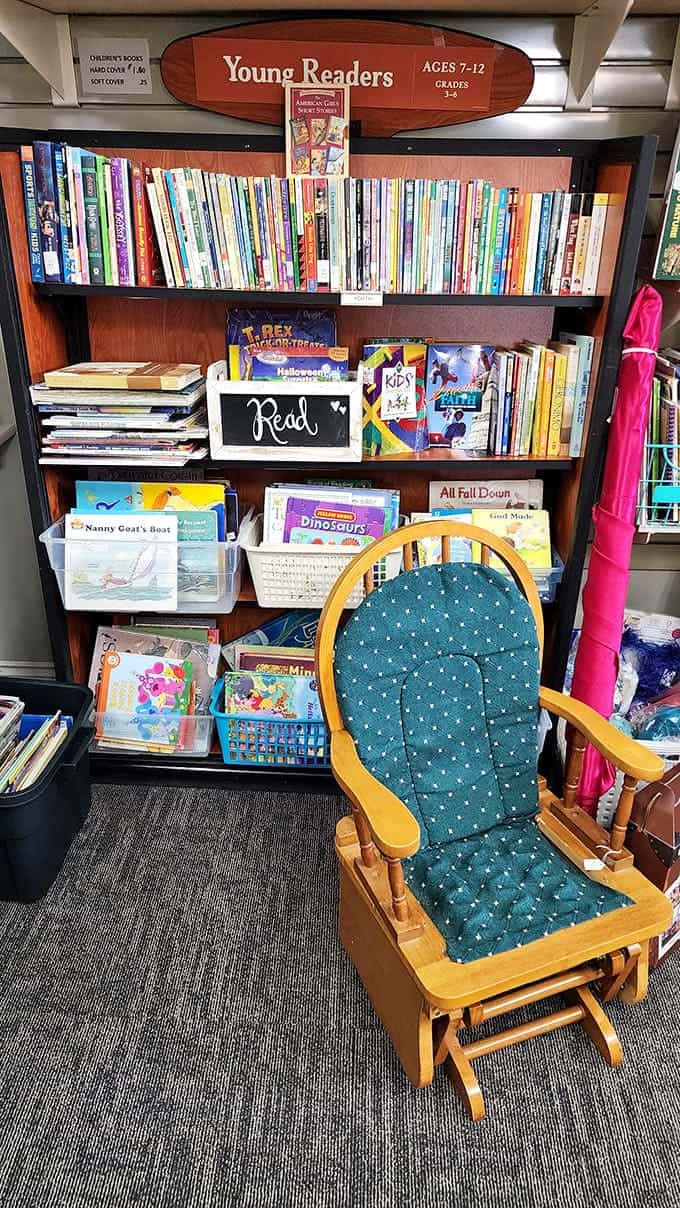 Little readers get their own special corner, complete with a cozy rocking chair for test-driving potential bedtime story candidates.