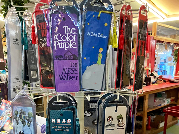 Literary-themed bookmarks dangle like colorful lures, tempting readers with quotes from beloved classics and modern favorites.