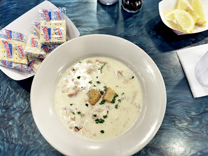 This isn't just any clam chowder &ndash; it's a creamy bowl of comfort featuring tender clams and potatoes that'll warm you from the inside out.