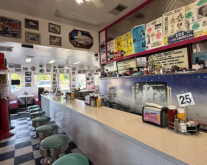The counter beckons with its gleaming surface and mint-green stools &ndash; perfect perches for solo diners and root beer float enthusiasts.