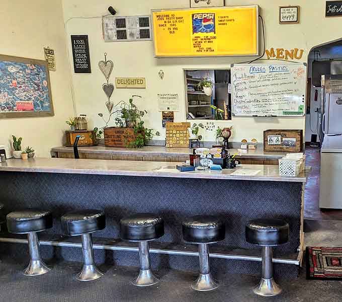 The vintage counter creates the perfect backdrop for enjoying Michigan's favorite portable meal while watching the rhythms of this beloved shop.