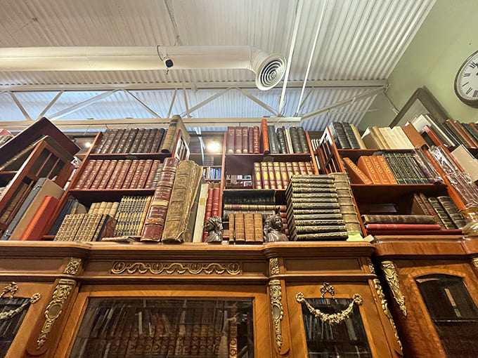 Leather-bound volumes with gold embossing create a tapestry of knowledge atop antique cabinets, each spine a doorway to another era.