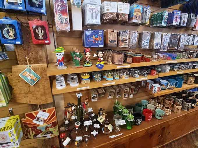 Every display tells a story in this carefully curated chaos, where vintage collectibles and modern souvenirs create visual vignettes that demand closer inspection and appreciation.