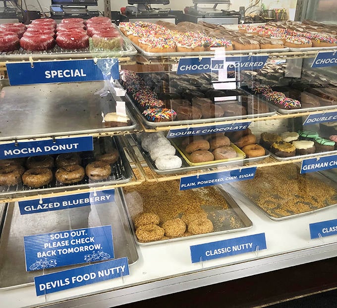 The display case &ndash; a museum of fried dough artistry where "SOLD OUT" signs appear with increasing frequency as the morning progresses.