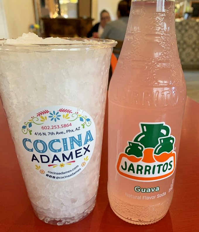 The perfect Mexican beverage duo: house-made horchata that's basically dessert in a cup alongside Jarritos Guava soda – refreshment with personality.