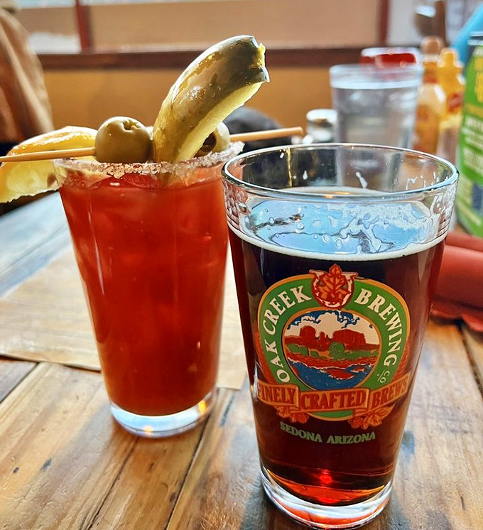A Bloody Mary that's practically a meal and a local Oak Creek brew &ndash; because sometimes you need options. That pickle garnish means it's healthy, right?