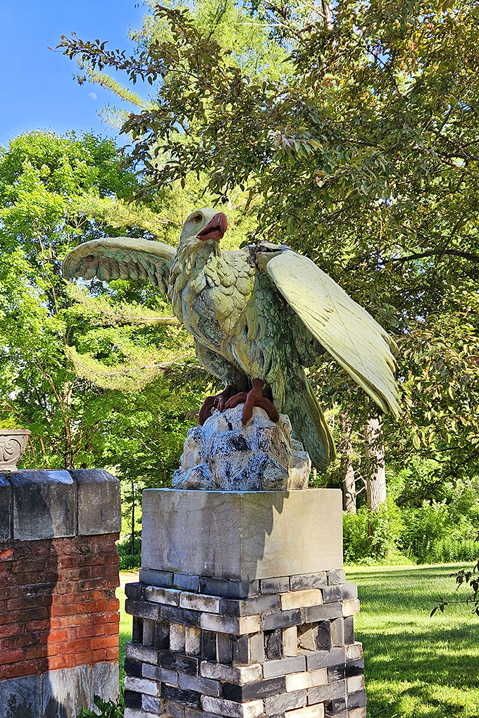 Perched majestically on its pedestal, this eagle statue surveys the grounds with the confidence of someone who knows they're the coolest bird in Vermont.