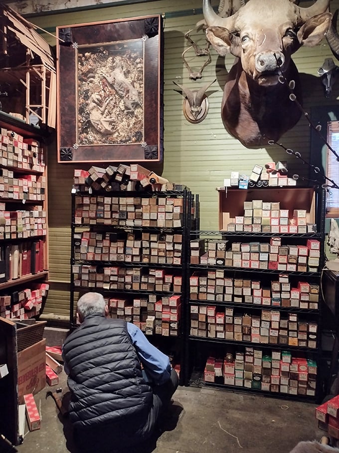 Beneath mounted deer heads and surrounded by countless artifacts, visitors explore shelves packed with curiosities from floor to ceiling.