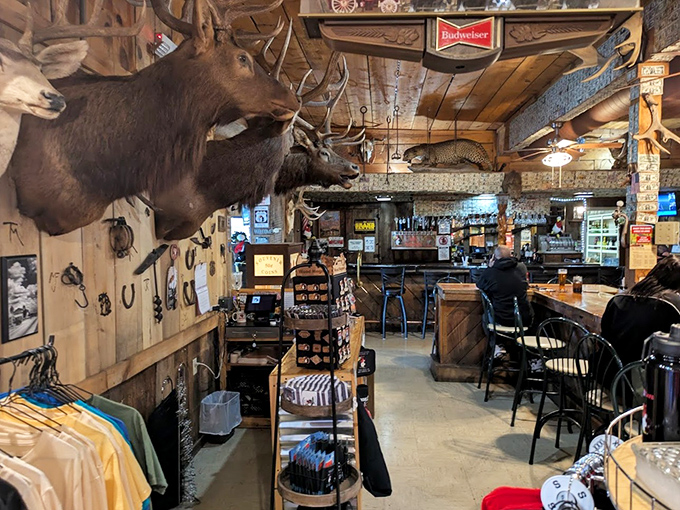 Taxidermy watches over diners in this hunting-lodge-meets-roadhouse interior, where every meal comes with a side of authentic Americana atmosphere.