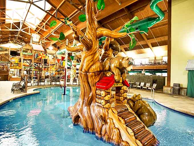 Floating log steps challenge little adventurers to test their balance while parents nervously watch from the sidelines. Childhood confidence building at its splashiest!