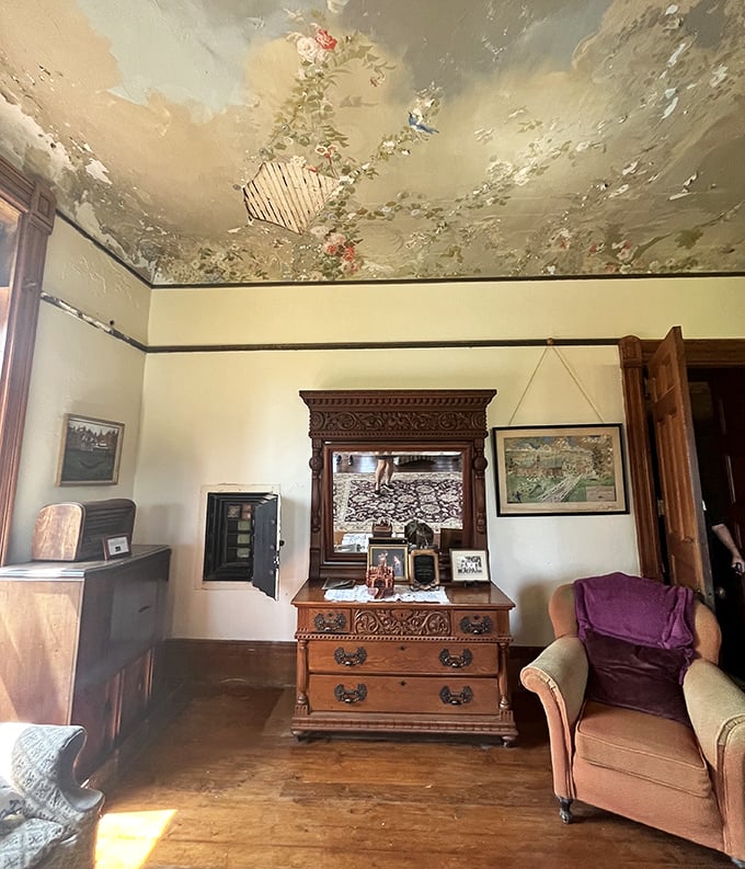 When your ceiling looks like a Renaissance painting had a baby with a weather map, you know you're in a seriously special space.