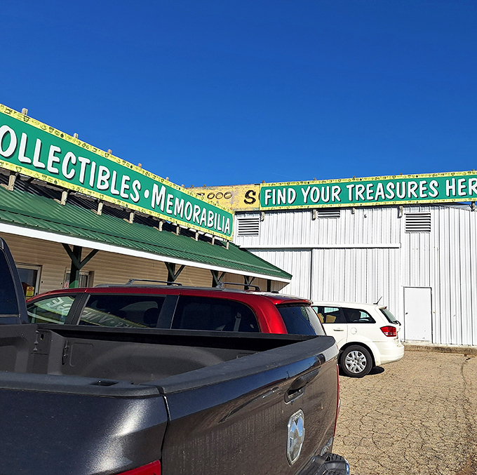 The bold green signage promises collectibles and memorabilia, with a tempting invitation to "Find Your Treasures Here."