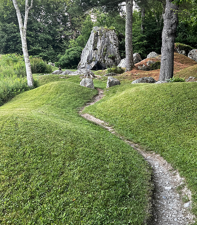 Nature's perfect pathway curves between ancient stones, an invitation to discovery that's impossible to decline.