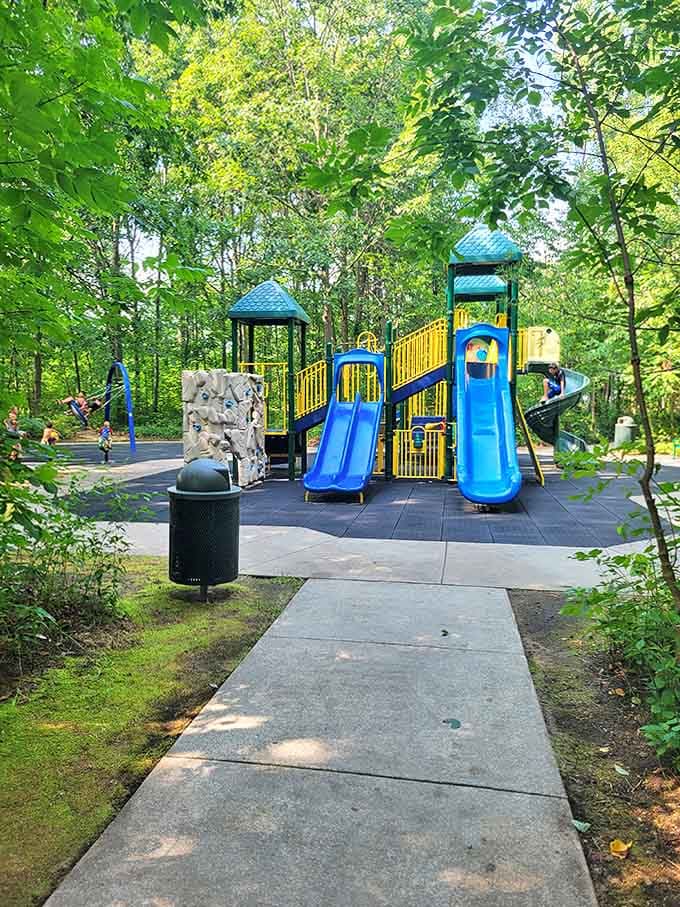 The playground nestled among trees offers a perfect energy-burning station for kids who somehow aren't tired after hours of swimming.