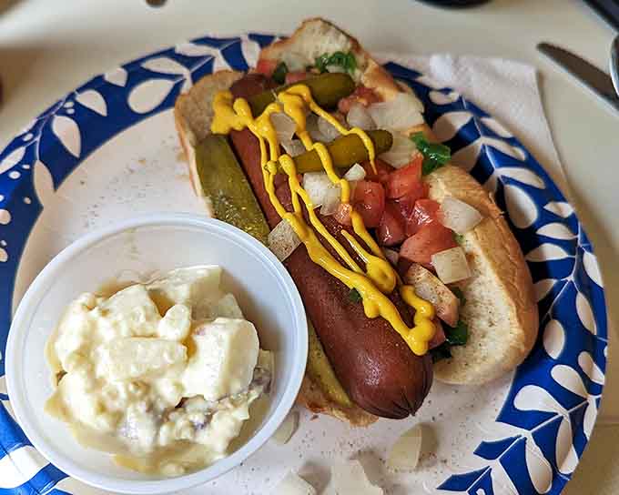 Simple pleasures done right: a classic dog with a side of potato salad that tastes like summer picnics and childhood memories.