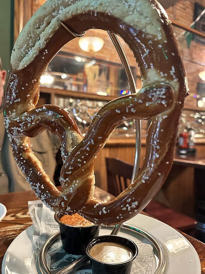 The legendary Brauhaus pretzel arrives suspended on its own stand – a golden-brown monument to German-inspired baking that's worth the drive to Findlay.