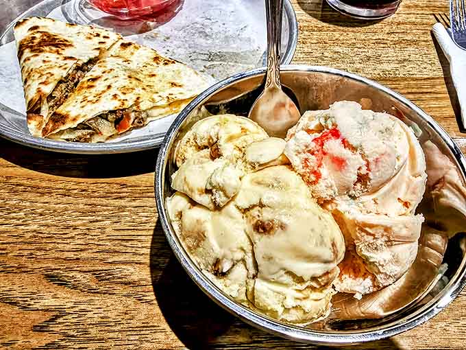 A perfect pairing: savory quesadilla meets sweet ice cream in a culinary duet that proves lunch and dessert boundaries were made to be broken.