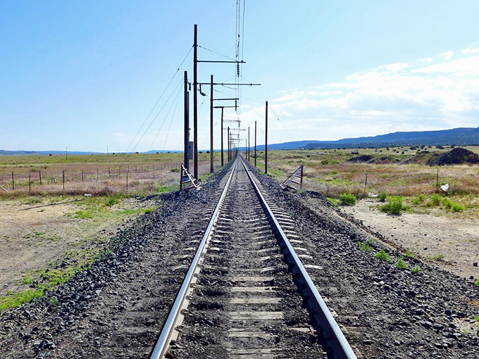 Railroad tracks stretch toward infinity, a man-made line cutting through the natural landscape like a steel thread through fabric.