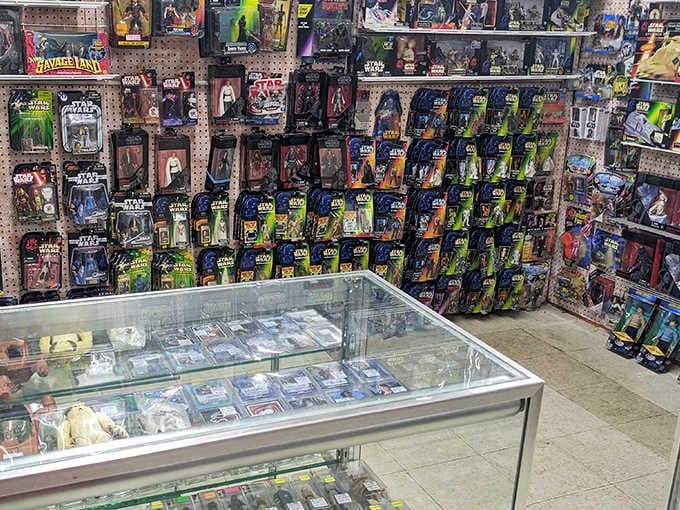 Star Wars memorabilia fills an entire section, with collectibles still in original packaging that would make any fan's heart race.