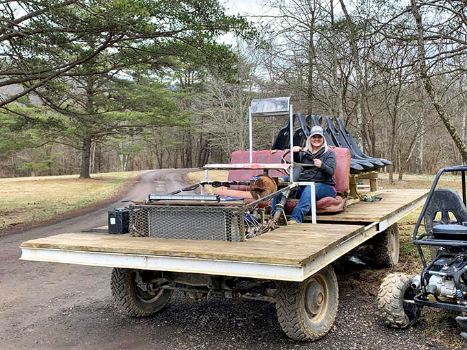 This contraption looks like what would happen if a tractor and a party bus had a baby &ndash; ready to conquer swampland with rustic charm.