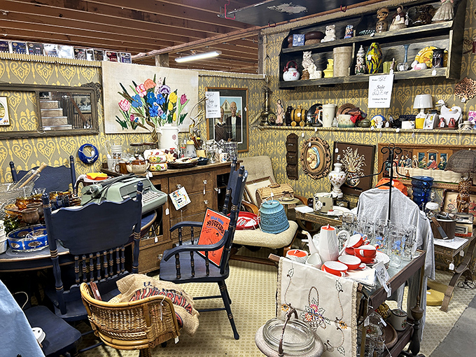 This eclectic corner vignette showcases the charming randomness that makes antique shopping feel like a treasure hunt.