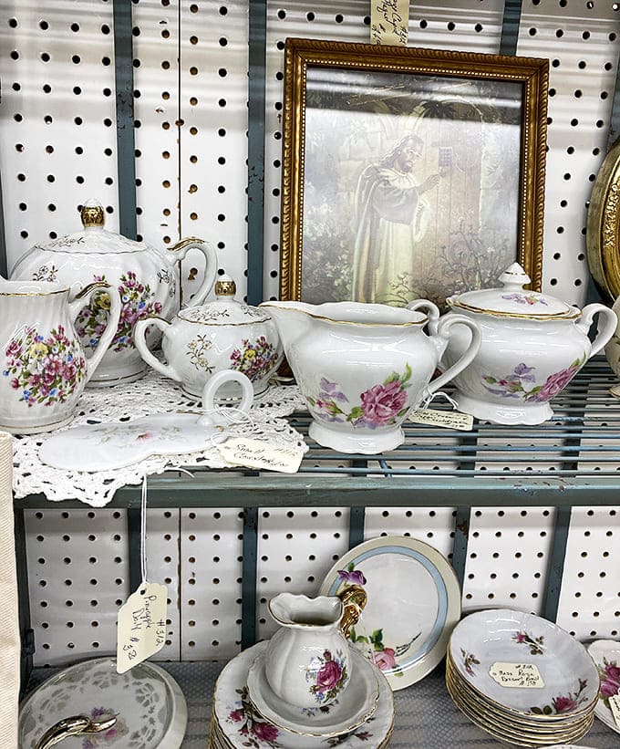 Delicate porcelain tea sets with hand-painted roses wait patiently for their next gathering, having already served countless conversations and celebrations.