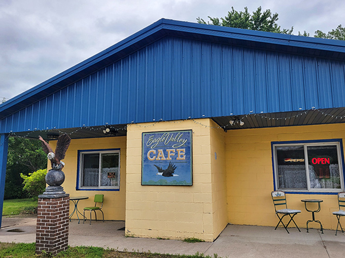 Eagle Valley Cafe's cheerful yellow building and patriotic eagle statue welcome visitors to this Wabasha dining institution.