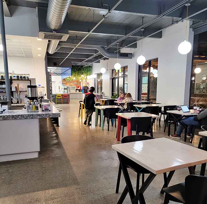 The spacious interior invites lingering, with plenty of room to settle in and savor every bite.