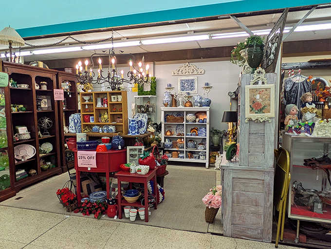 Elegant displays of home decor items showcase the careful curation that makes each booth feel like a miniature specialty boutique.