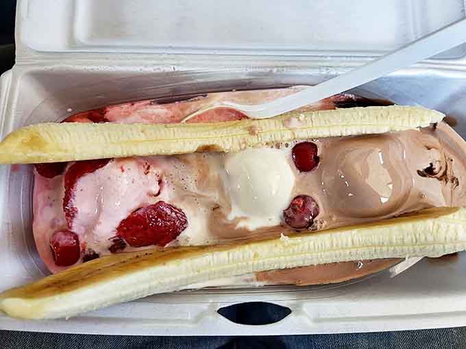 The banana split defies gravity and restraint, with scoops of ice cream flanked by banana boats sailing in a sea of toppings.