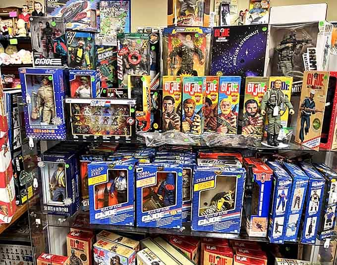 G.I. Joe figures stand at attention, ready for battles that will now take place in display cases rather than backyard dirt trenches.