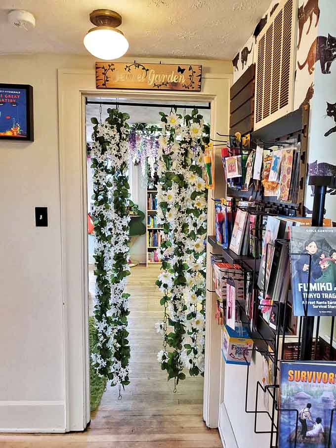 Floral vines frame doorways like nature reclaiming civilization, creating peaceful passages between literary worlds within this magical house.
