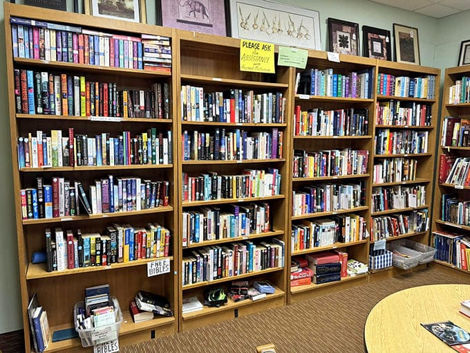 Floor-to-ceiling literary treasures create a mini-library within the store, each book waiting for its next chapter with a new reader.