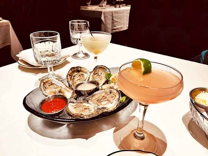 East Coast oysters nestled on ice pair brilliantly with a peachy cocktail, creating the perfect prelude to the main event.