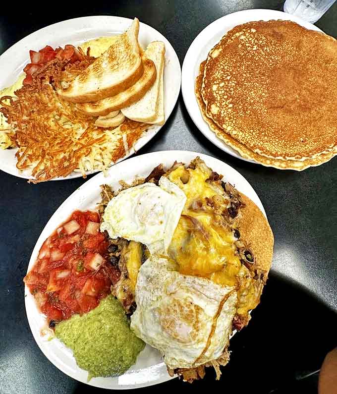 Combo Meal: Breakfast abundance that requires strategic eating &ndash; a plate that answers "sweet or savory?" with a resounding "Yes, please!"