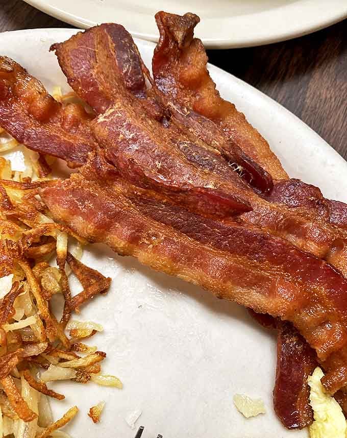 Crispy Bacon: Bacon so perfectly cooked it should be in a museum &ndash; crispy, slightly curled, with that ideal balance of fat and meat.